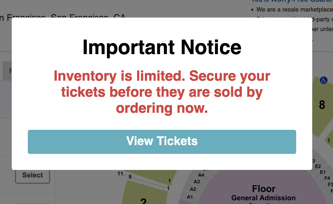 Pop-ups repeatedly encourage tickets purchase - Dark Patterns Tip Line